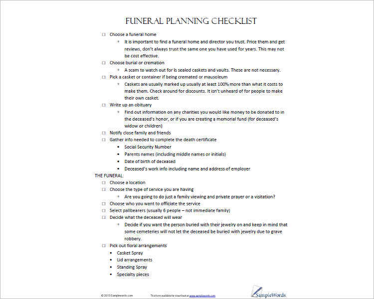 3+ Funeral Checklist Templates Free Word, PDF Formats