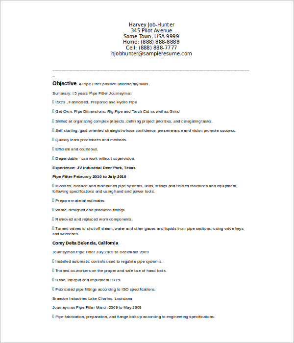 6+ Sample Pipefitter Resume Templates Free PDF Templates