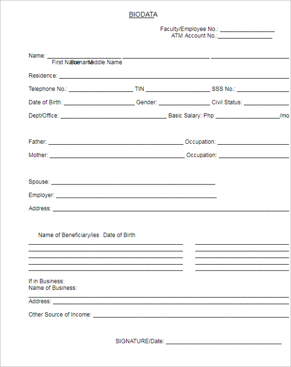 Biodata Form Sample Templates Free Word, PDF Examples