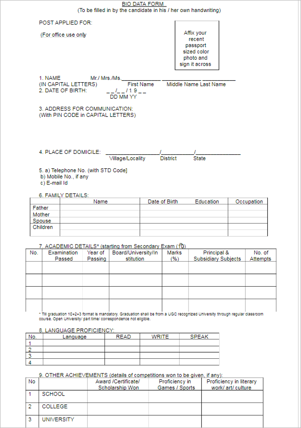 Biodata Form Sample Templates Free Word, PDF Examples