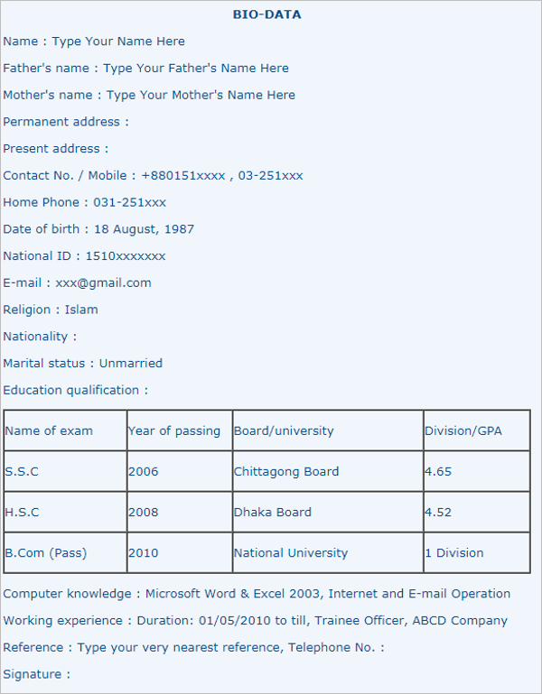 Biodata Form Sample Templates Free Word, PDF Examples