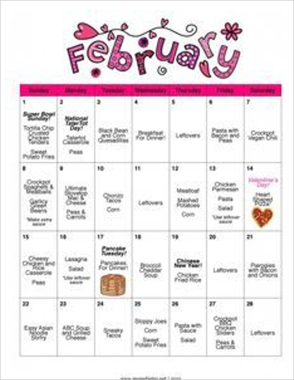 10+ Menu Calendar Templates Free Printable Sample Menus