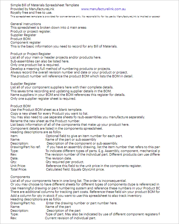 17+ Free Bill of Materials Examples Excel, PDF, PPT Formats