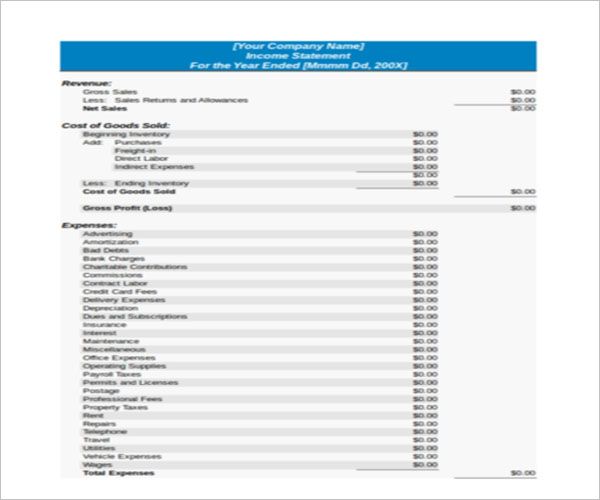 Yearly Income Statement Templates Free Download